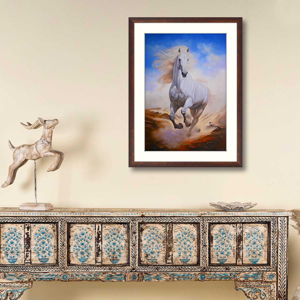 White Arabian Horse Running in Desert 01 – Framer