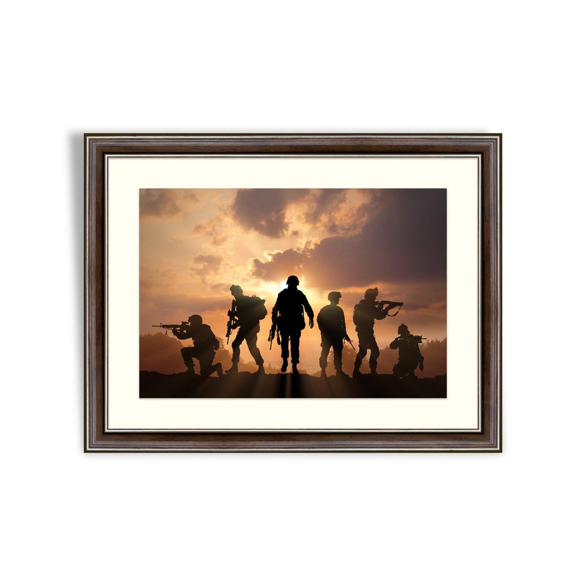 Six military silhouettes on sunset sky background – Framer