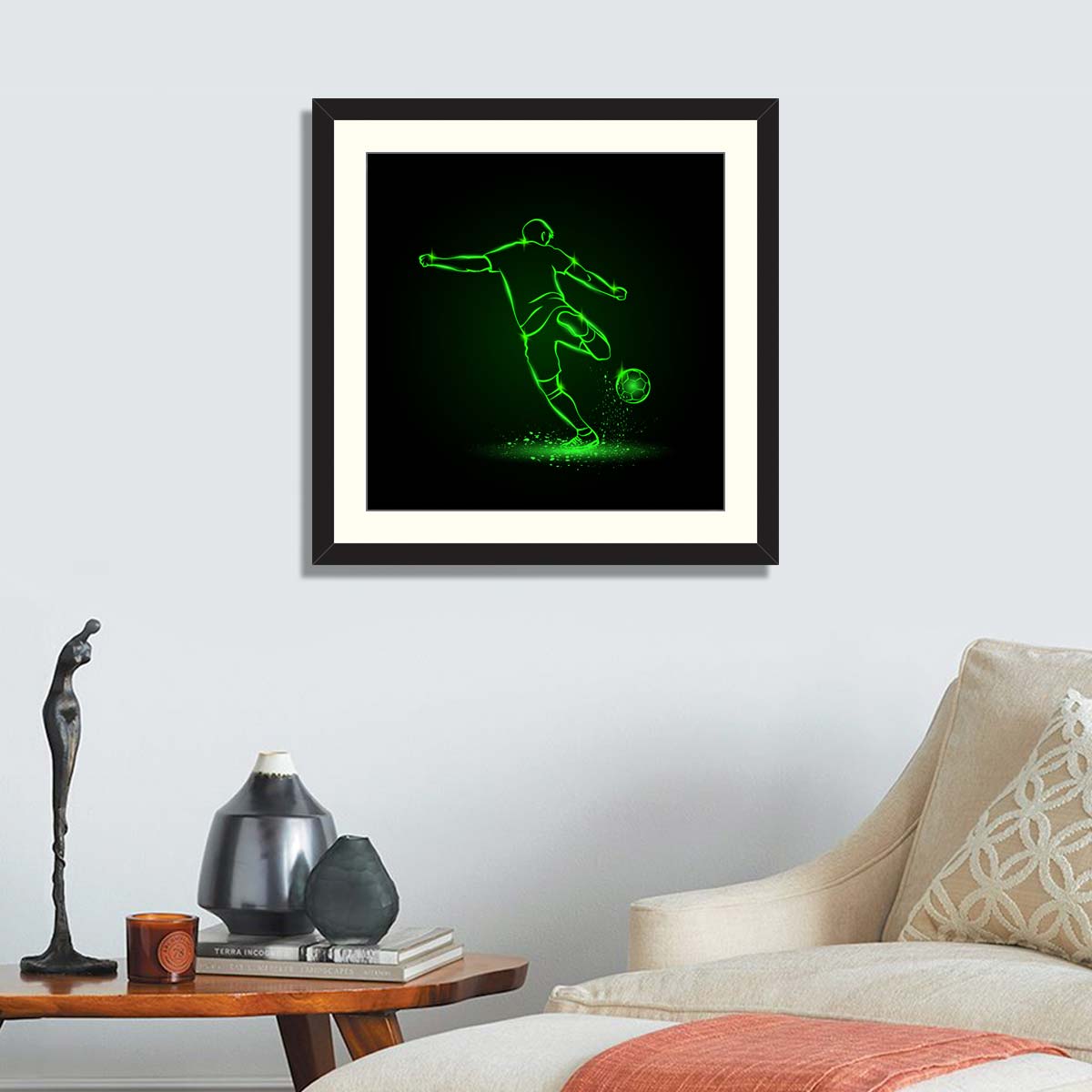Soccer striker, back view. Football player hits the ball in the dark ...