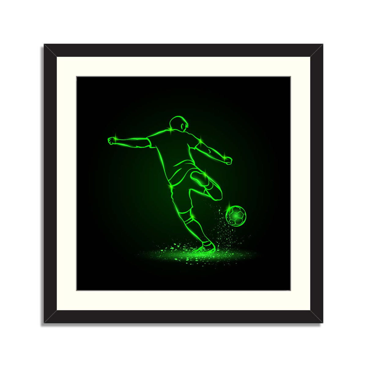 Soccer striker, back view. Football player hits the ball in the dark ...