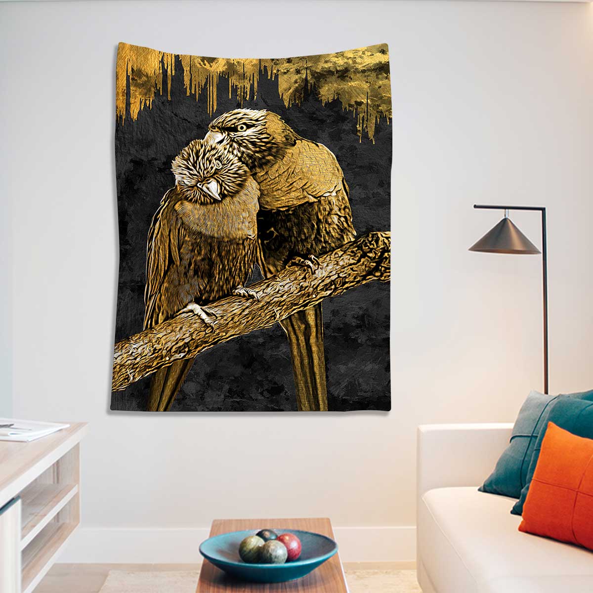 Gold abstract painting of tow lovely parrots – Framer